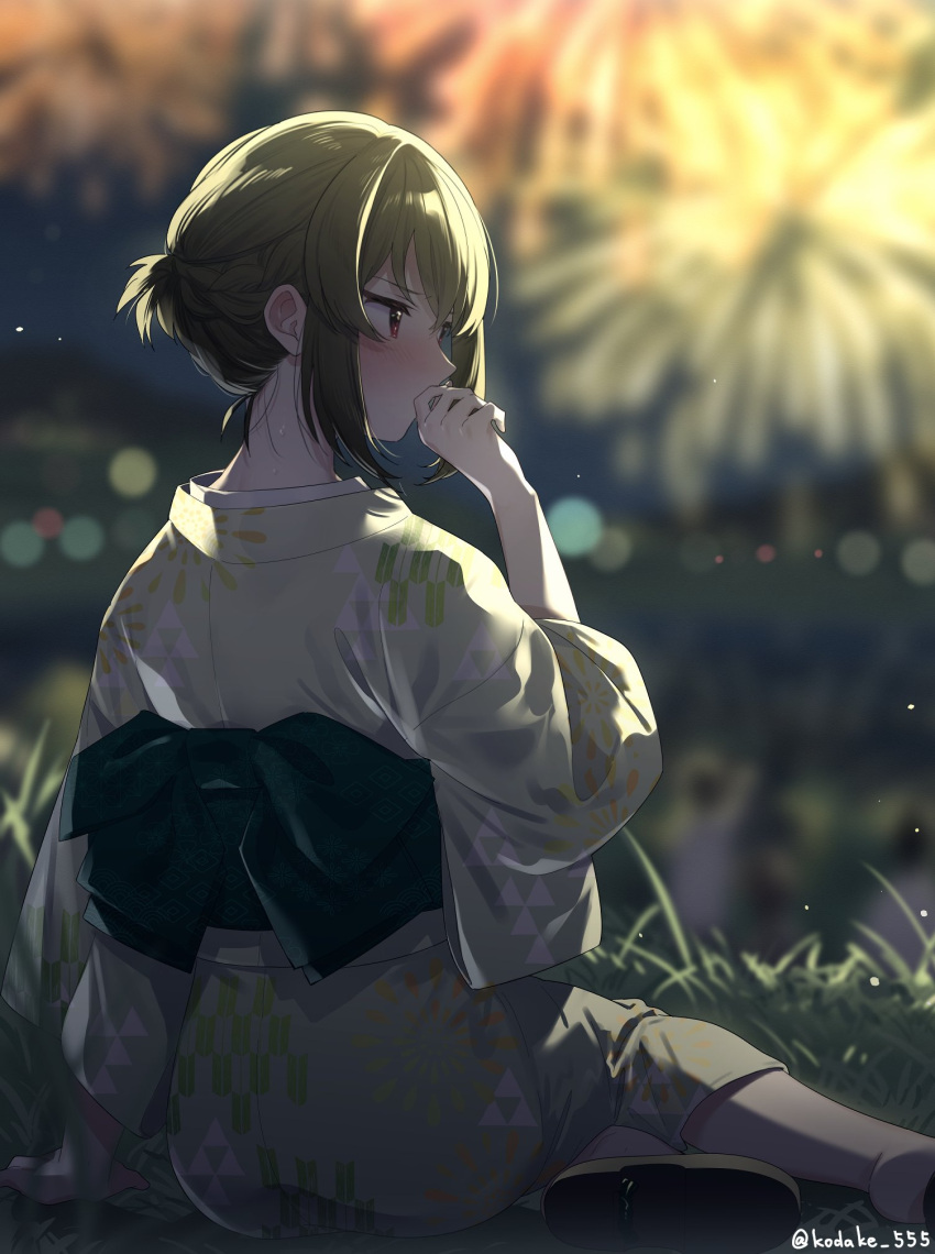 Safebooru - 1girl aerial fireworks alternate hairstyle blurry blurry ...