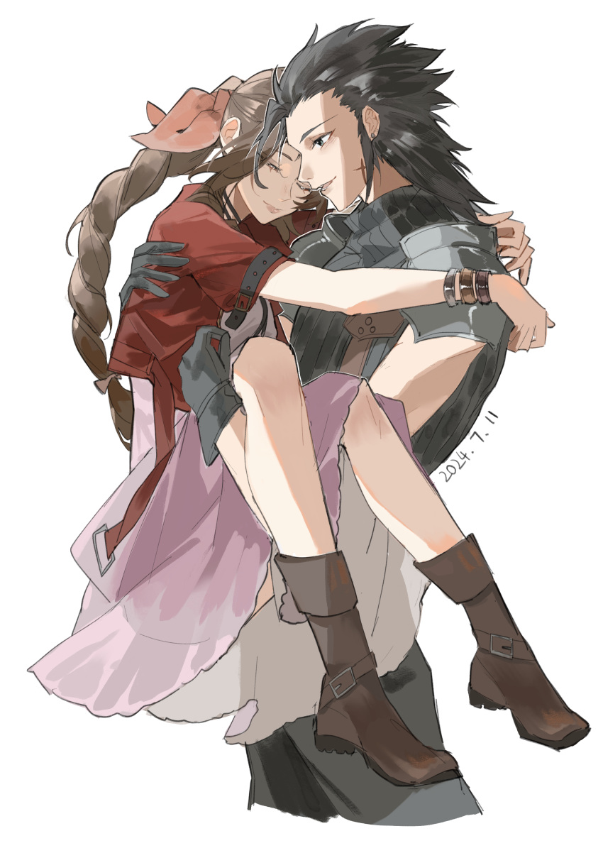 Safebooru - 1boy 1girl :d absurdres aerith gainsborough armor arms around neck black gloves ...