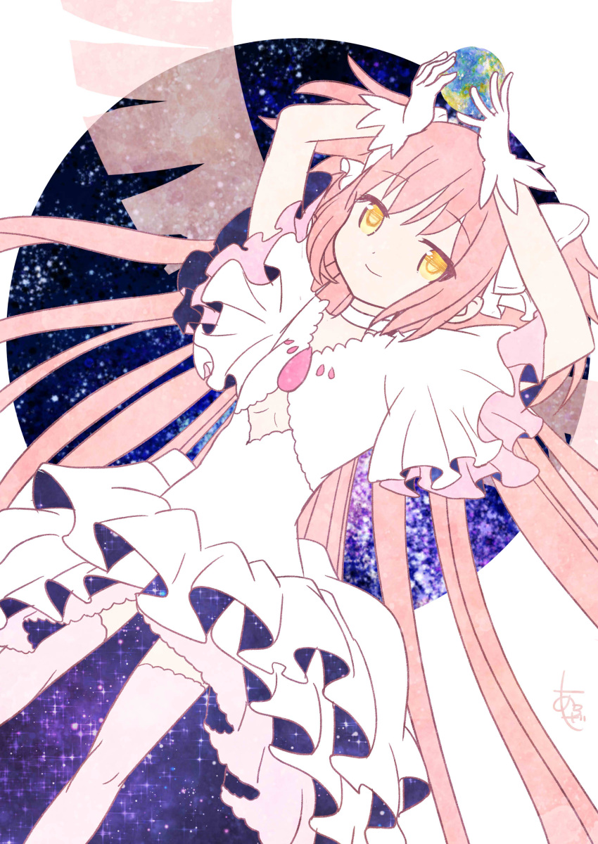 Safebooru - 1girl absurdly long hair absurdres arms up aroze bow chest ...