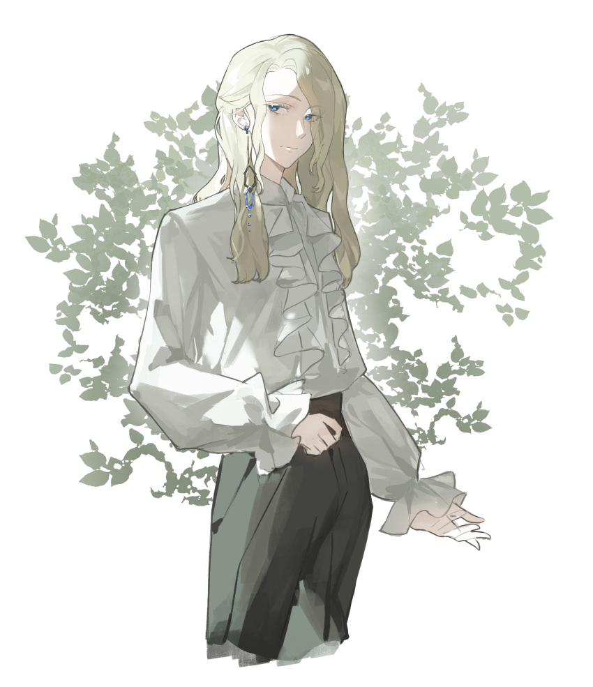 Safebooru - 1boy 6 (reverse:1999) absurdres ascot black pants blonde hair blue eyes cowboy shot ...