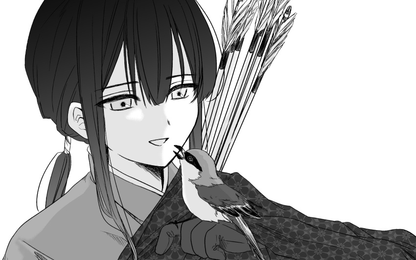 Safebooru - 1boy :d arrow (projectile) bird bird on hand black gloves ...