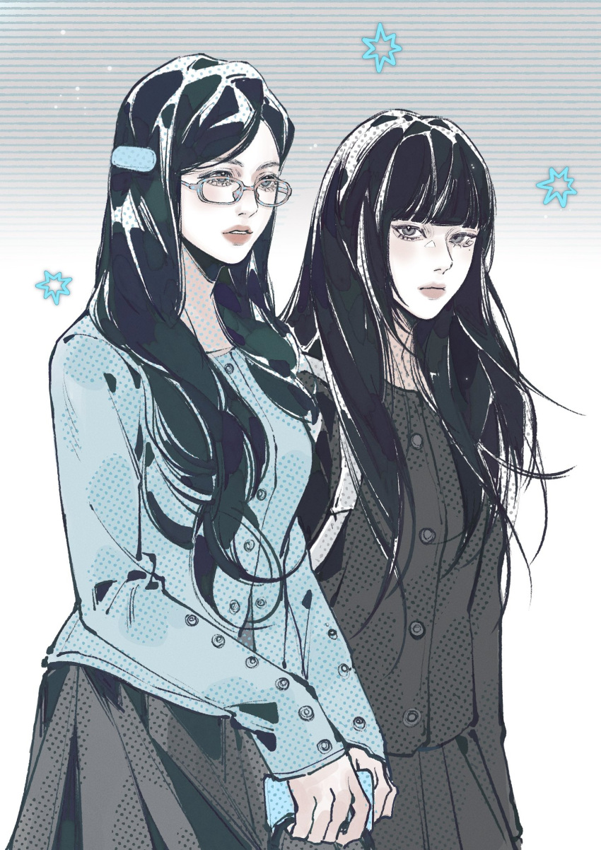 Safebooru - 2girls bag black hair black jacket black skirt blue jacket blunt bangs commentary ...