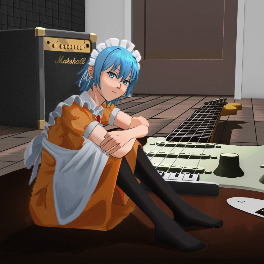 Safebooru - 1girl amplifier apron blue eyes blue hair chikoi electric ...