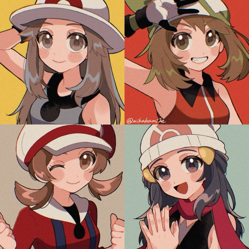 Safebooru - 4girls :d arm up bandana beanie black eyes black hair black shirt blue overalls ...