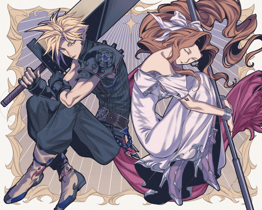 Safebooru - 1boy 1girl aerith gainsborough armor back-to-back bare shoulders belt black gloves ...