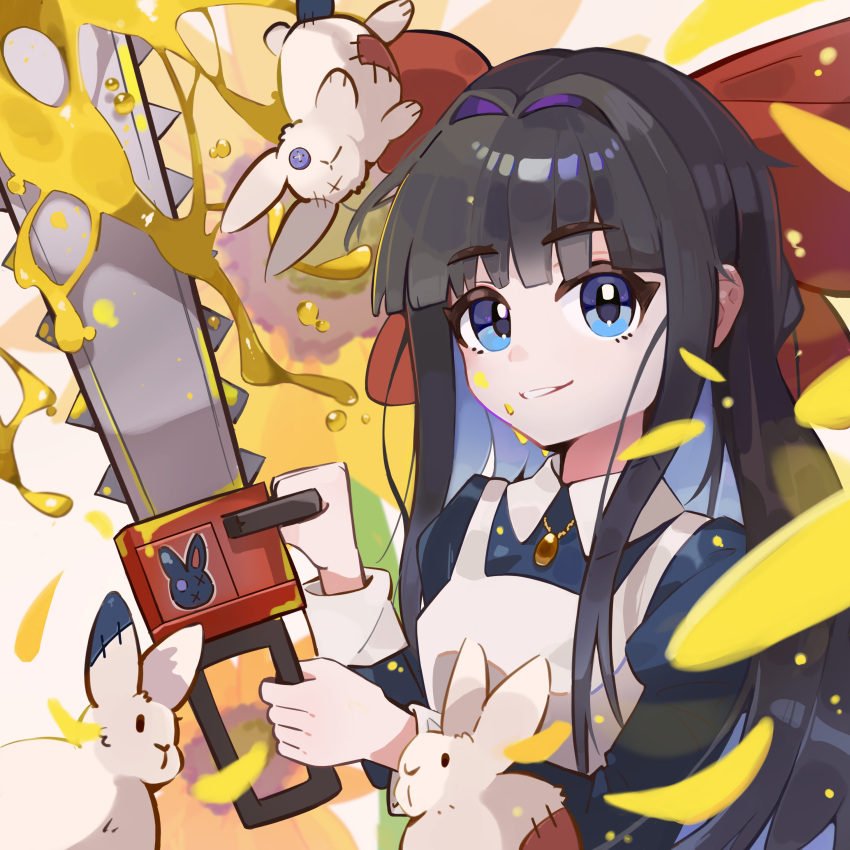 Safebooru - 1girl absurdres animal print apron aya drevis black hair blue dress blue eyes blunt ...