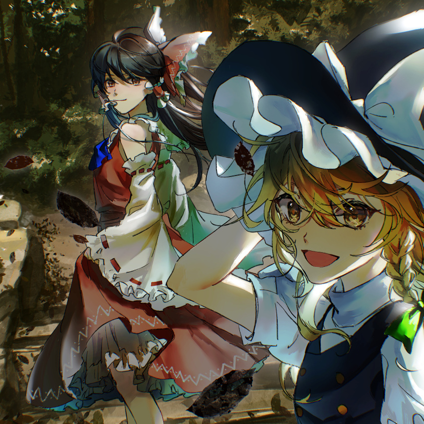 Safebooru - 2girls aihara-rina apron ascot black hat black vest blonde hair blue ascot bow braid ...