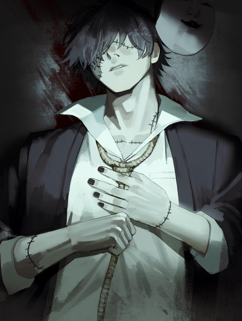 Safebooru - 1boy black hair black nails blood blood on ground choujin x collared shirt hair over ...