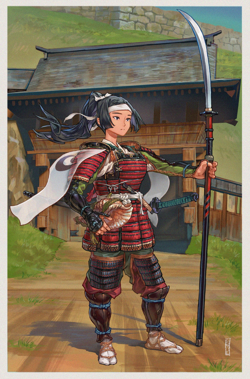 Safebooru - 1girl architecture armor black hair east asian architecture ...