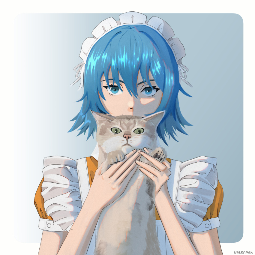 Safebooru - 1girl animal apron blue eyes blue hair cat chikoi futaba channel highres holding ...