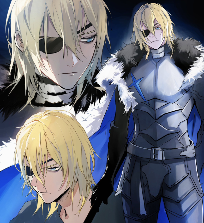 Safebooru - 1boy armor bags under eyes black armor black fur blonde hair blue cape blue eyes ...