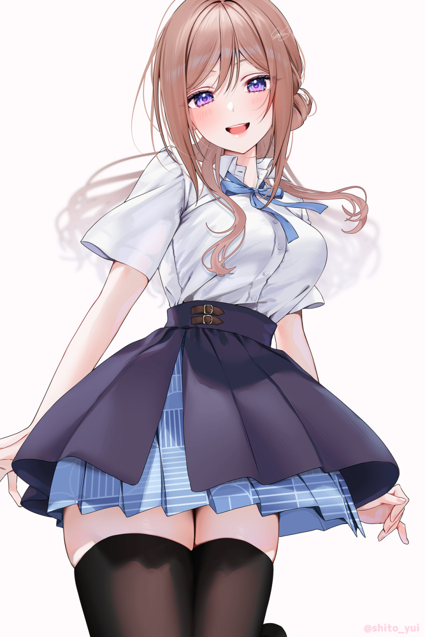 Safebooru - 1girl black thighhighs blue overskirt blue ribbon blue skirt breasts brown hair ...