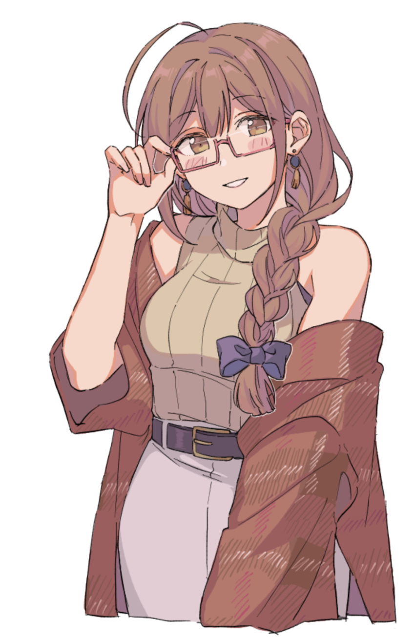 Safebooru - 1girl adjusting eyewear ahoge aliasing bare shoulders belt belt buckle black belt ...