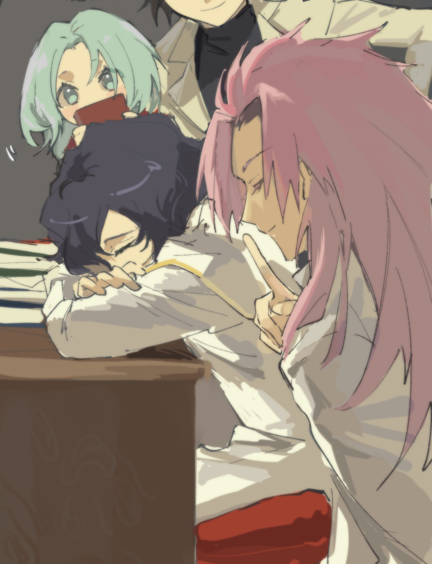 Safebooru - 1girl 3boys aqua eyes aqua hair black hair black shirt book book stack capelet ...