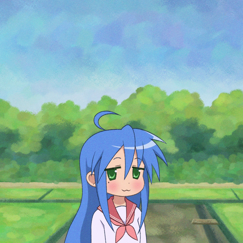 Safebooru - 1girl :3 ahoge blue hair blue sky blush cryptidhermit dot nose green eyes hair ...