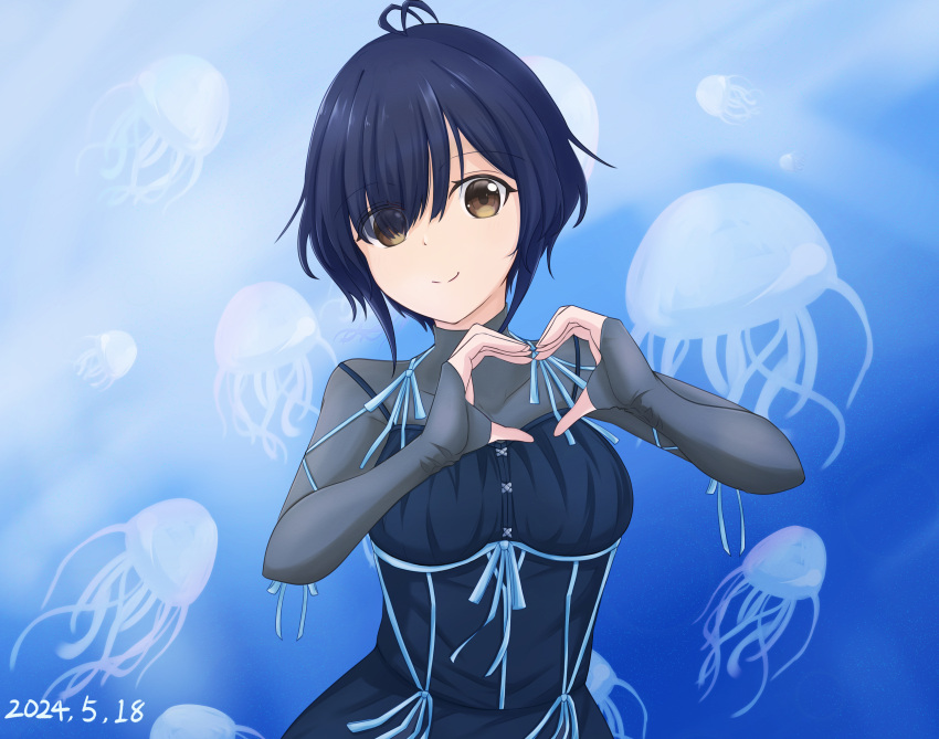 Safebooru - 1girl 22/7 absurdres antenna hair black dress blue background blue hair brown eyes ...