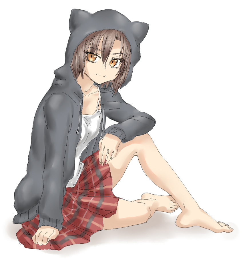 Safebooru - 1girl :3 animal hood arm support barefoot brown hair camisole cat hood collarbone ...