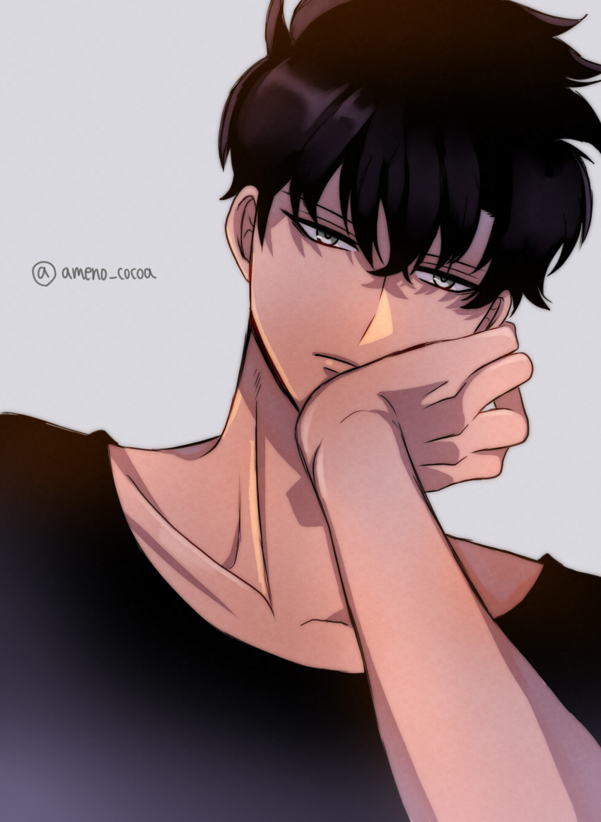 Safebooru - 1boy akina (user htkx7587) black hair black shirt bloom ...