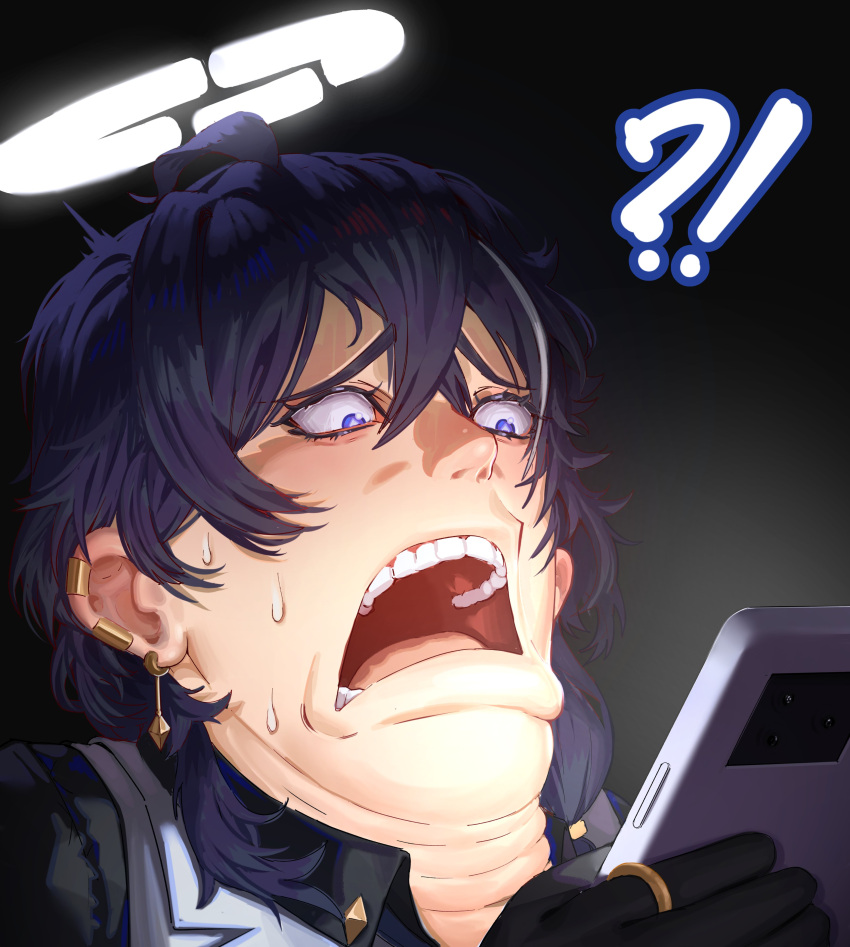 Safebooru - !? 1boy absurdres azeru (vtuber) black gloves cellphone earrings gloves halo highres ...