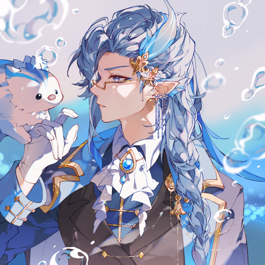 Safebooru - 1boy ascot black vest blue feathers blue hair blue jacket blue shirt braid bubble ...