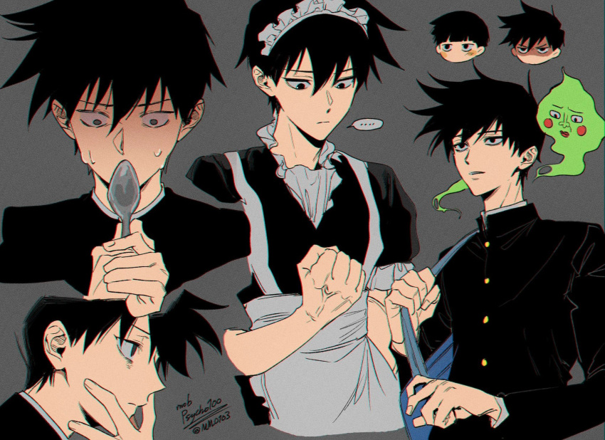 Safebooru - 3boys apron black eyes black hair black jacket ekubo (mob ...