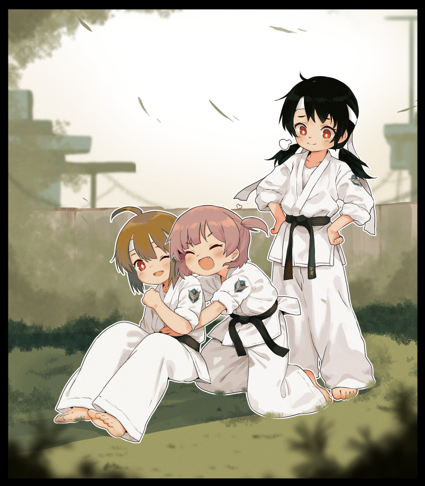 Safebooru - 3girls :d ^ ^ absurdres ahoge barefoot belt black belt black border black hair ...