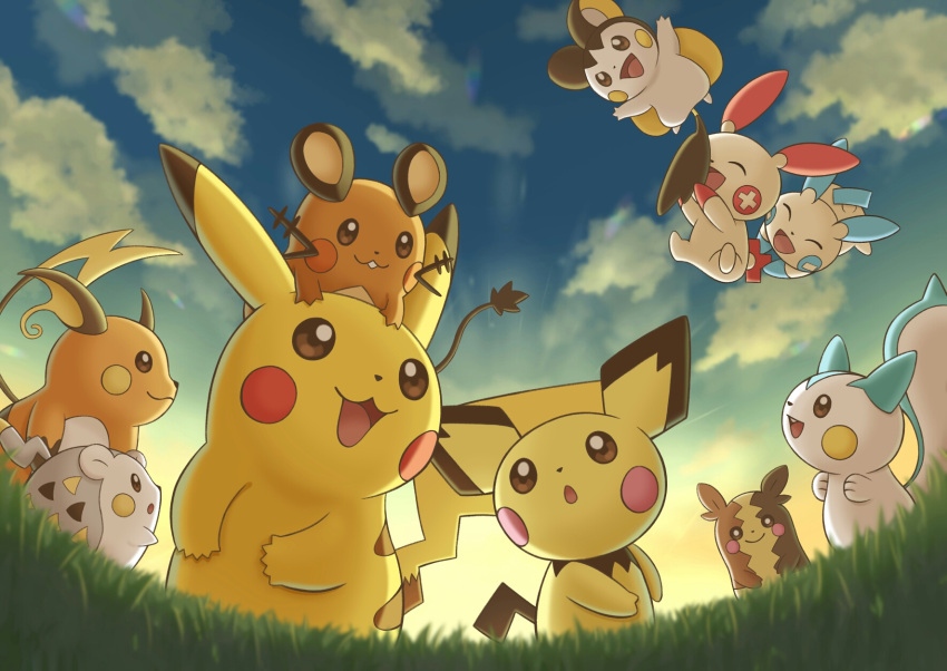 Safebooru - bright pupils brown eyes closed mouth clouds dedenne emolga evolutionary line flying ...
