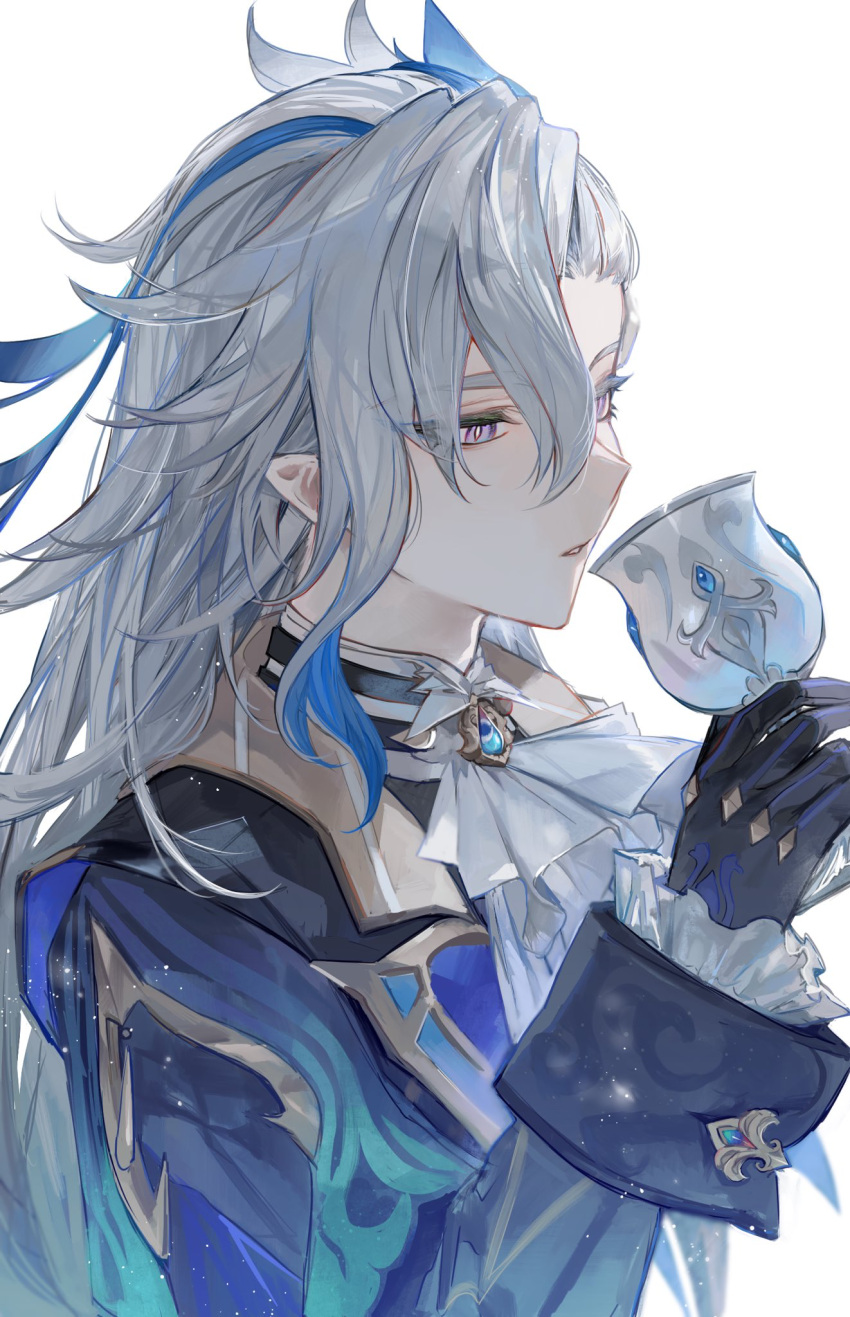 Safebooru - 1boy ascot black gloves blue hair chalice coat commentary ...