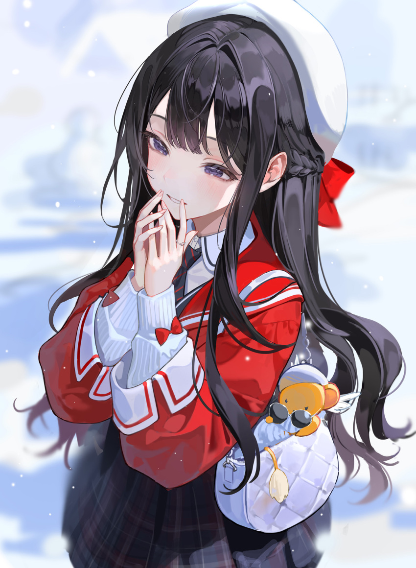 Safebooru - 1girl bag beret black hair black necktie black skirt blazer bow braid chyoel ...