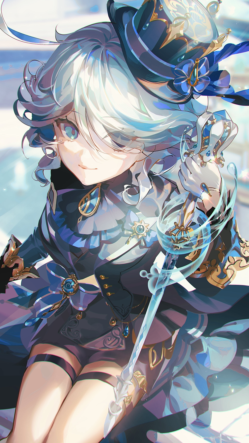 Safebooru - 1girl absurdres ascot asymmetrical gloves black ascot blue ascot blue brooch blue ...