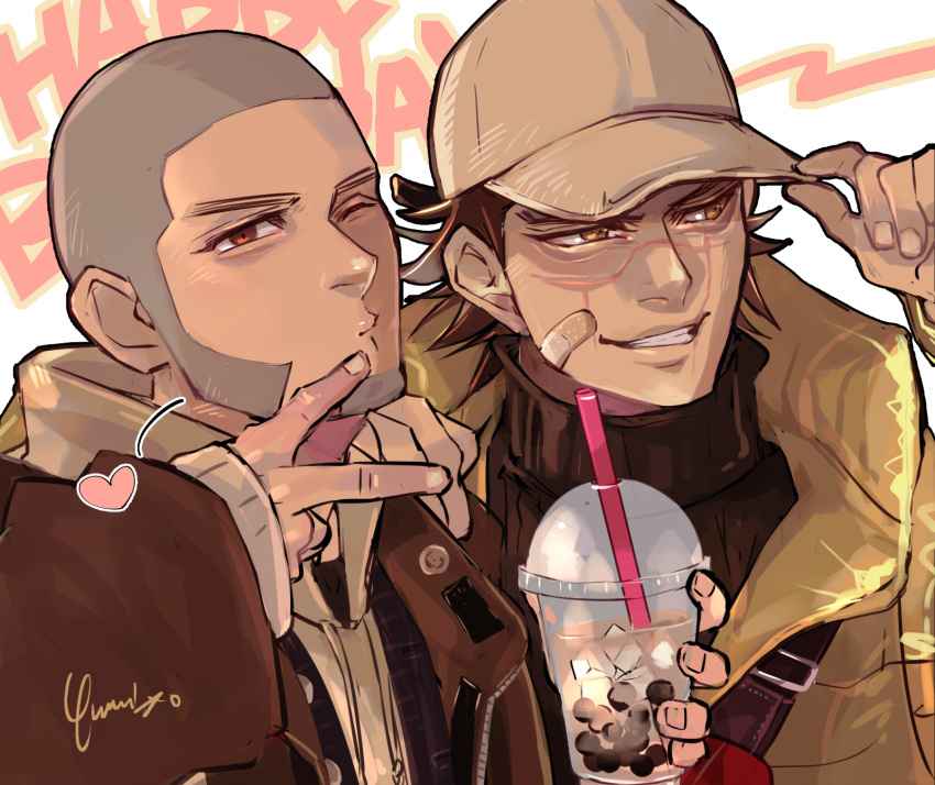 Safebooru - 2boys bandaid bandaid on face beard brown coat brown hair ...