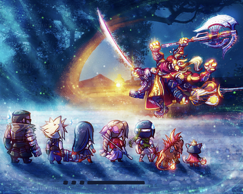 Safebooru - 3boys 3girls absurdres aerith gainsborough axe baggy pants ...