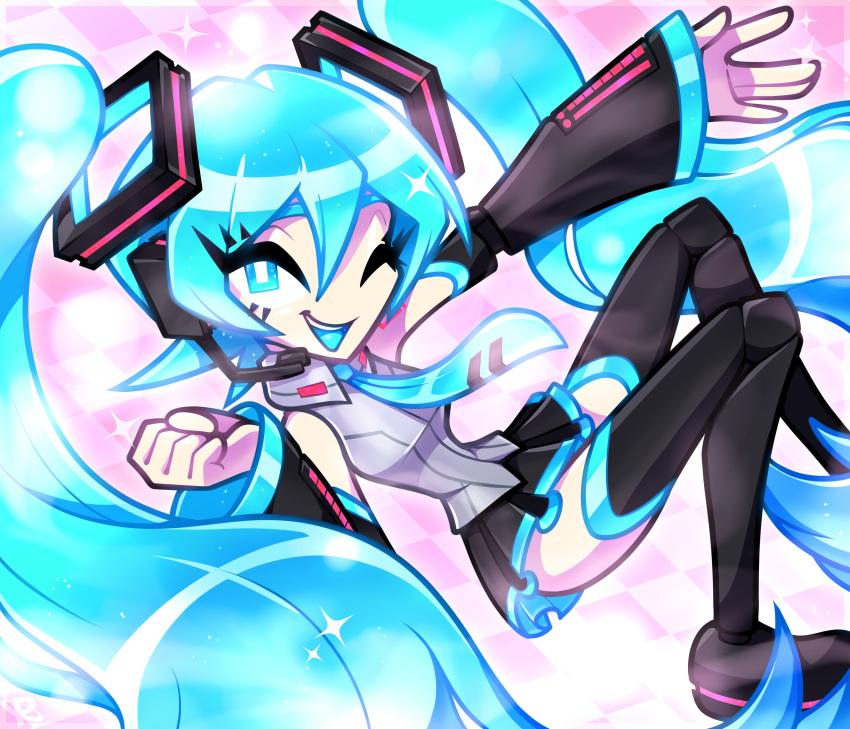 Safebooru - 1girl absurdres aqua eyes aqua hair aqua necktie black sleeves detached sleeves grey ...