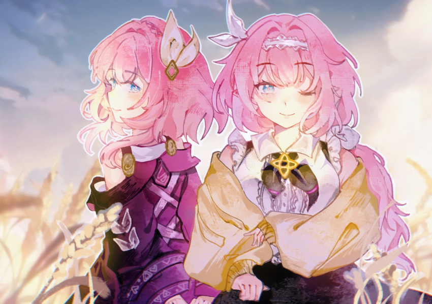 Safebooru - 2girls blue eyes blue sky chinese commentary closed mouth clouds color connection ...