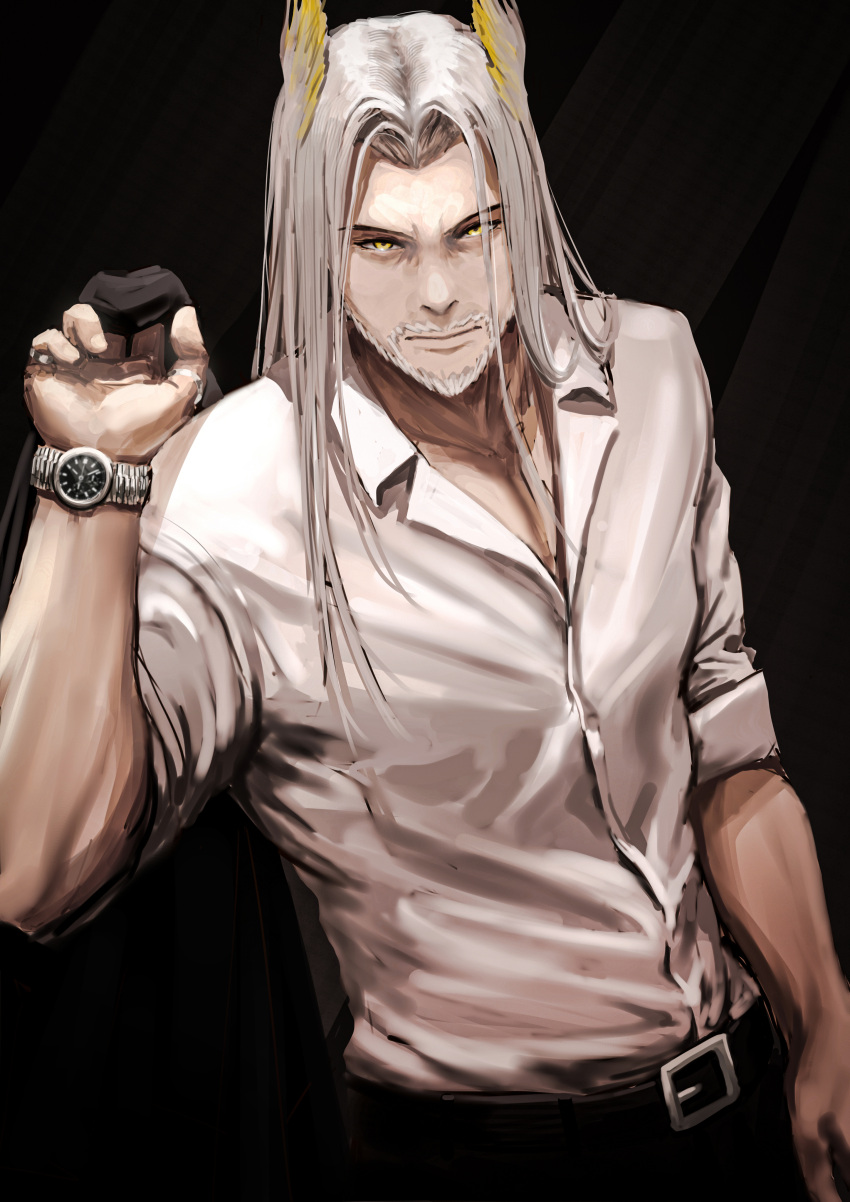 Safebooru - 1boy absurdres arknights beard belt black background coat facial hair head wings ...