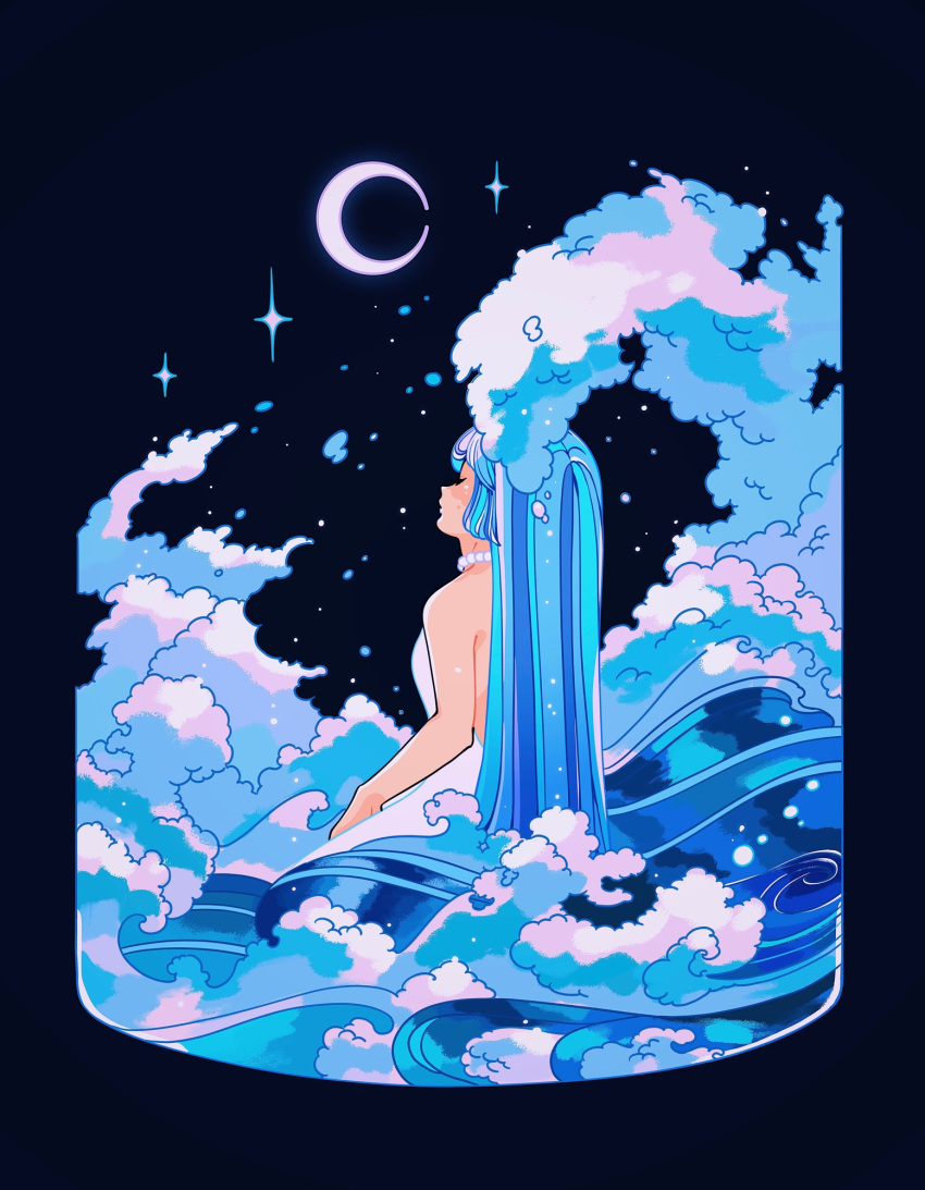 Safebooru - 1girl bare shoulders bead necklace beads black background blue hair blue theme ...