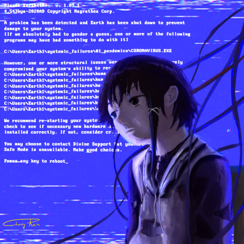Safebooru - 1girl absurdres black eyes black hair blue screen of death cable chazeyrain closed ...