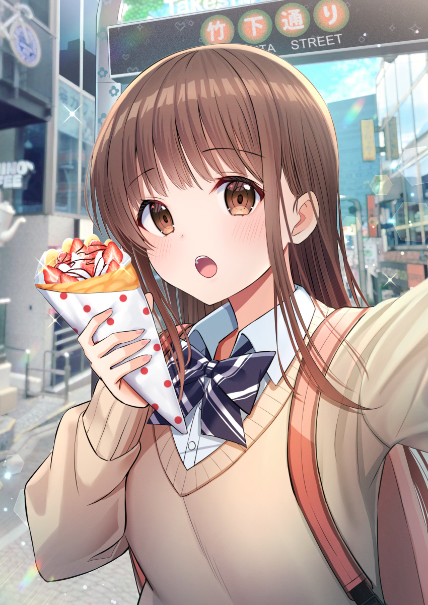 Safebooru - 1girl :o backpack bag blush brown cardigan brown eyes brown hair building cardigan ...