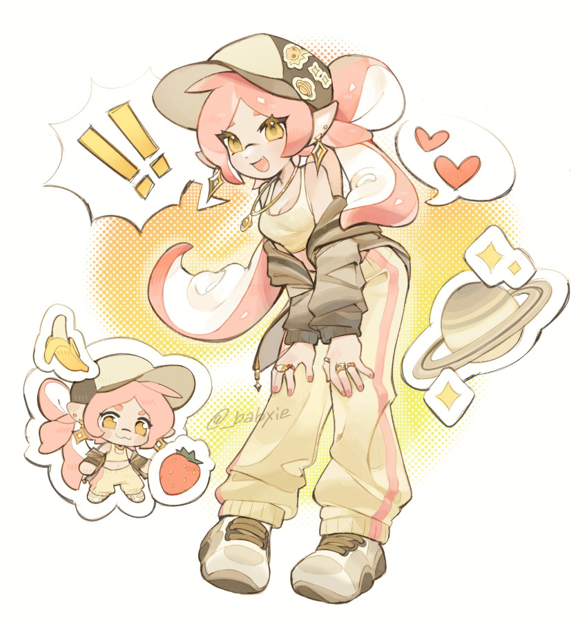 Safebooru - 1girl babxie banana baseball cap earrings exclamation mark ...