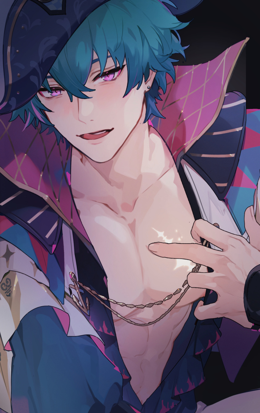 Safebooru - 1boy abs arm up bare pectorals black border blue hair border brant (wuthering waves ...