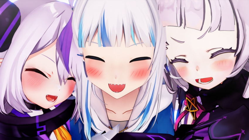 Safebooru - 3d 3girls :d ^ ^ black horns blue hair blush closed eyes ...