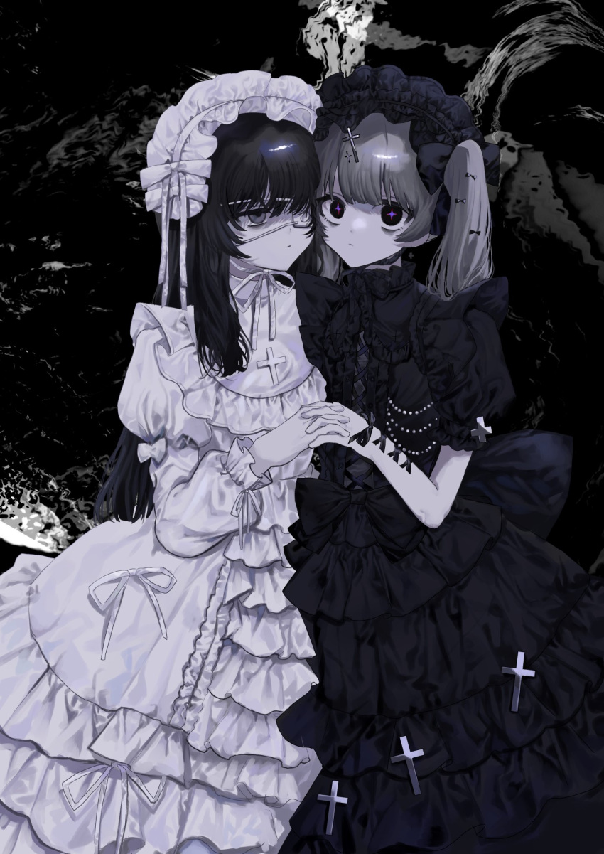 Safebooru - 2girls black background black dress black eyes black hair black headdress bow cross ...