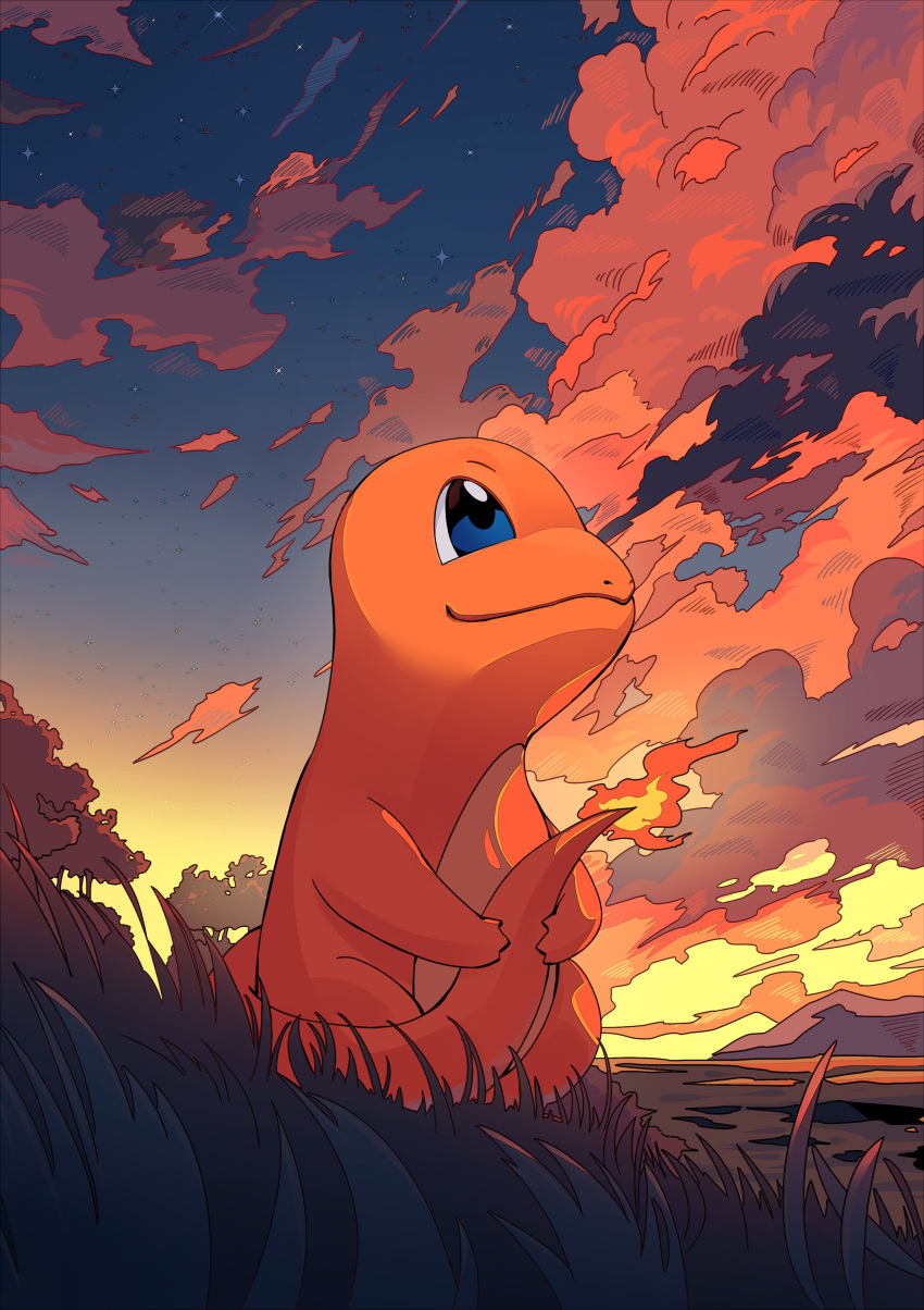 Safebooru - absurdres blue eyes charmander closed mouth clouds ...