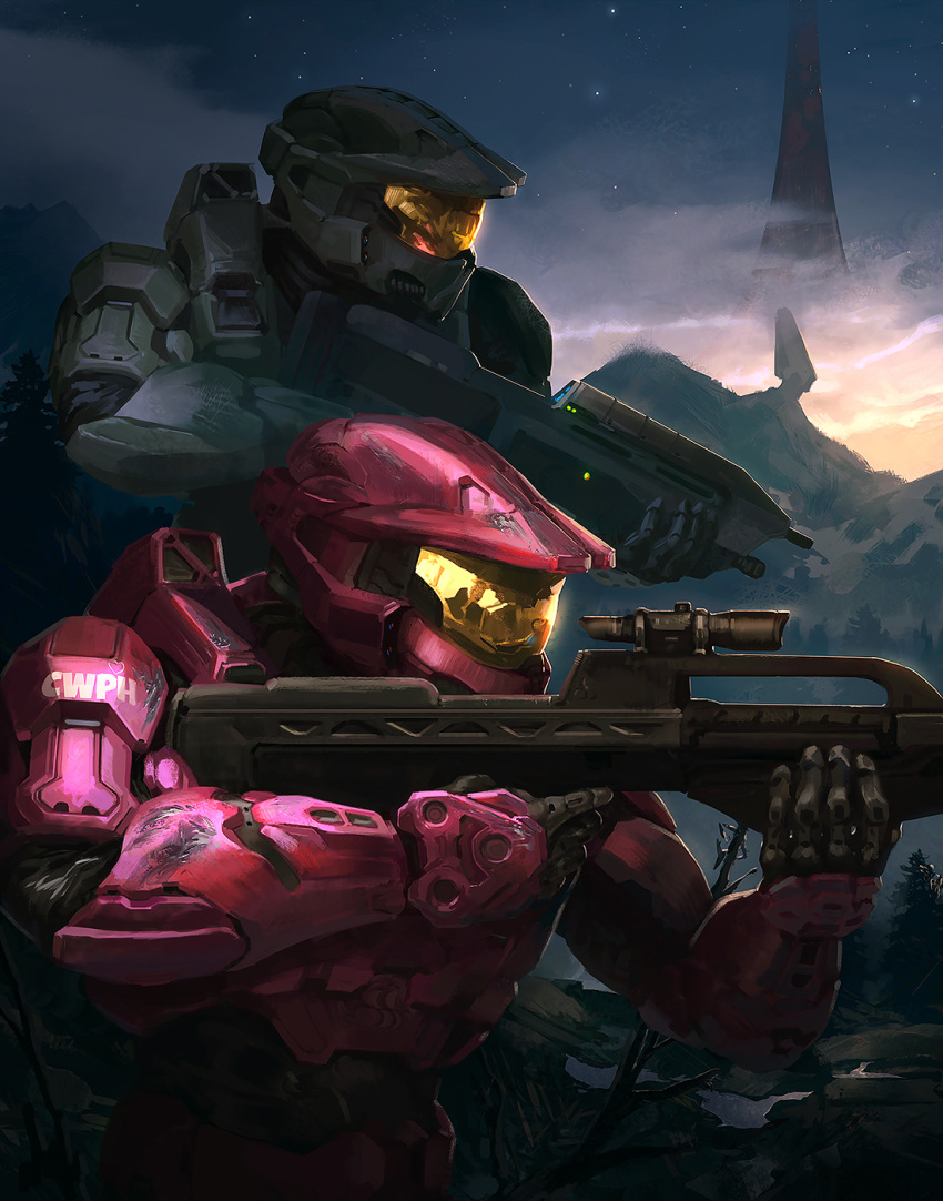 Safebooru - 1boy 1girl aiming assault rifle assault visor bare tree ...