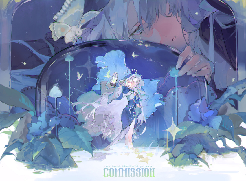 Safebooru - 2girls blue dress blue eyes blue hair bug commission copyright request dress hat ...