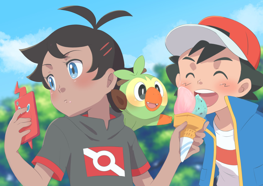 Safebooru - 2boys :d ahoge animal on shoulder ash ketchum baseball cap ...