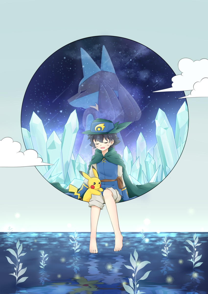 Safebooru - 1boy 78628205 ash ketchum barefoot black eyes black hair blue hat bright pupils cape ...