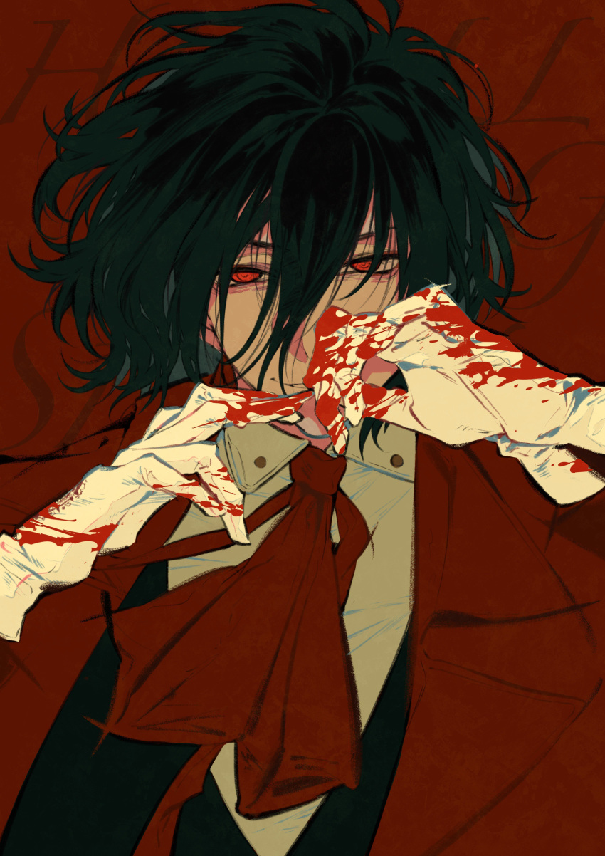 Safebooru - 1boy absurdres alucard (hellsing) black hair blood blood on gloves blood splatter ...