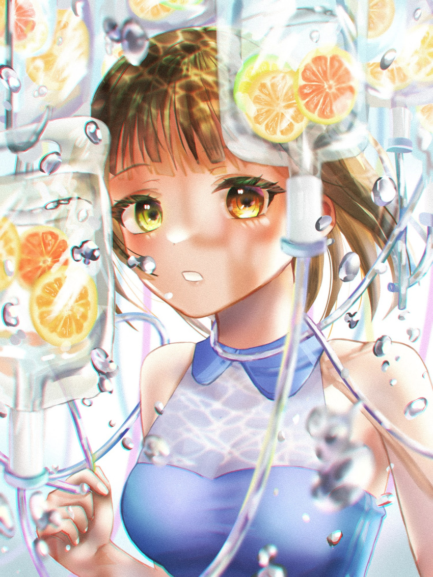 Safebooru - 1girl air bubble brown hair bubble food fruit heterochromia highres intravenous drip ...