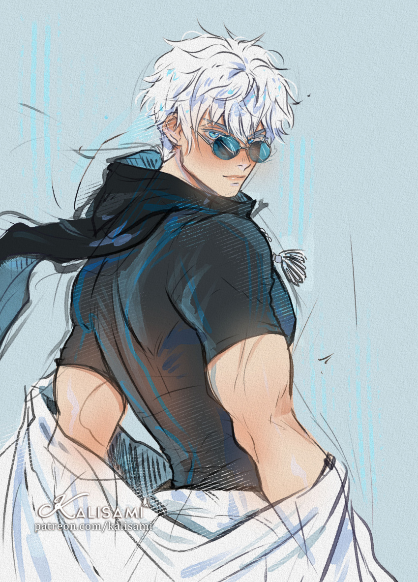 Safebooru - 1boy absurdres artist name black scarf black shirt blue eyes gojou satoru grey ...